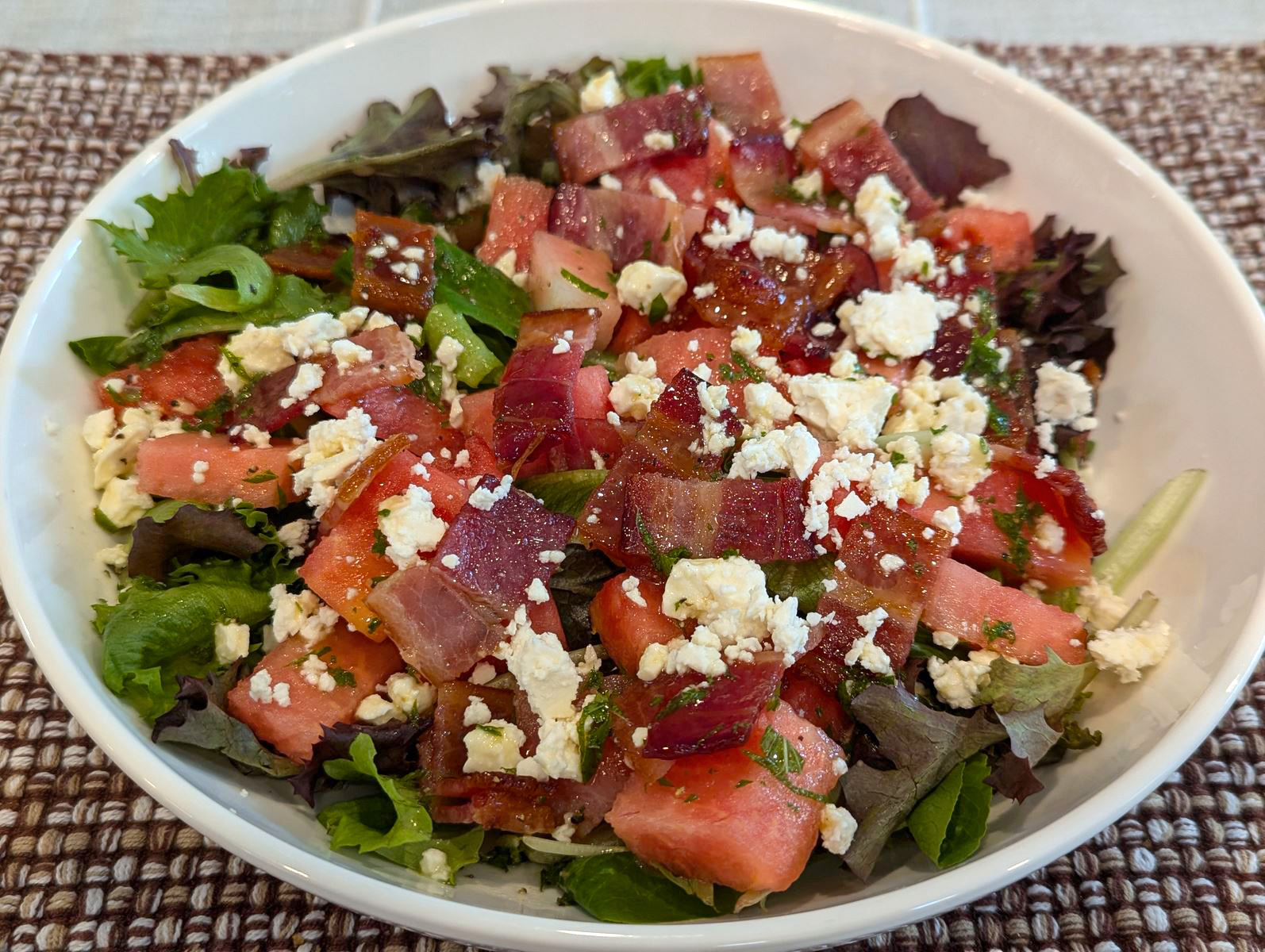 Watermelon Feta Salad with Candied Bacon and Citrus Mint Vinaigrette ...